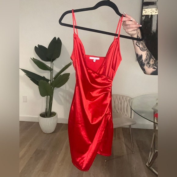Dresses | Red Satin Mini Deep V Cut Dress | Poshmark